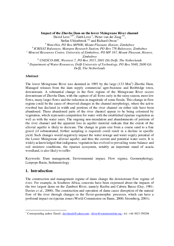 (PDF) Impact of the Zhovhe Dam on the lower Mzingwane River channel