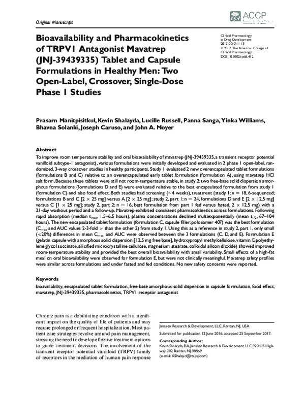 (PDF) Bioavailability and Pharmacokinetics of TRPV1 Antagonist Mavatrep ...