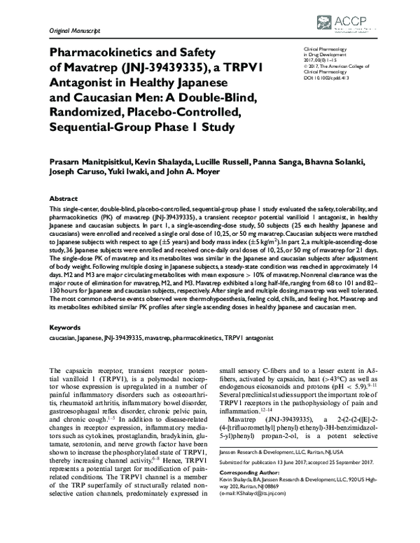 (PDF) Pharmacokinetics and Safety of Mavatrep (JNJ-39439335), a TRPV1 Antagonist in Healthy ...