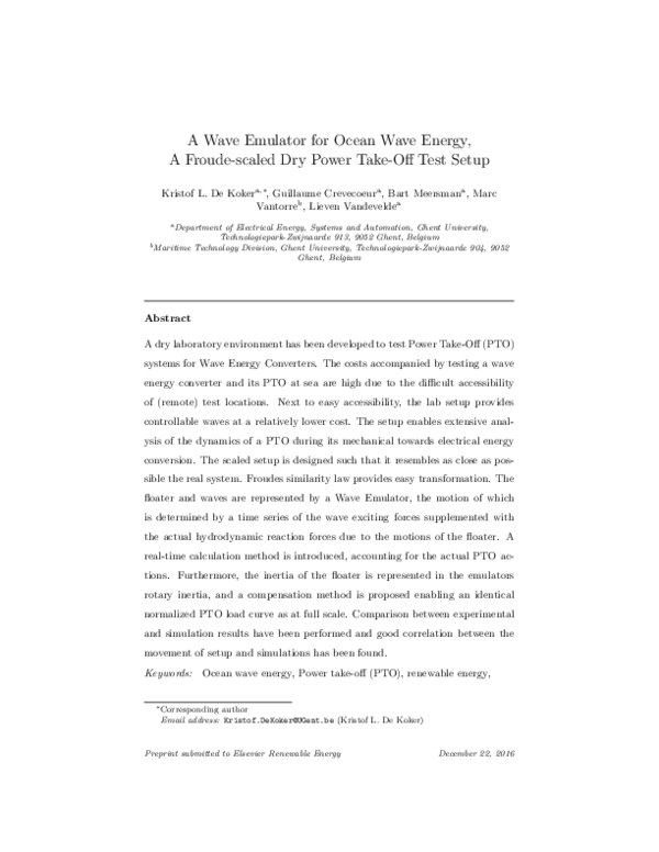 (PDF) A wave emulator for ocean wave energy, a Froude-scaled dry power ...