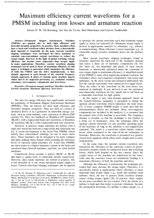 Pdf Maximum Efficiency Current Waveforms For A Pmsm Including Iron