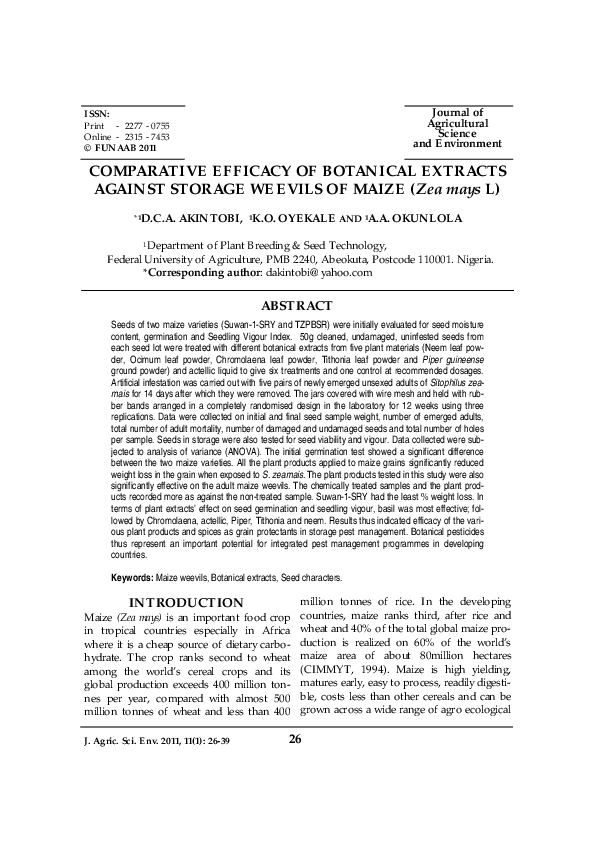 Pdf Comparative Efficacy Of Botanical Extracts Against Storage Weevils Of Maize Zea Mays L