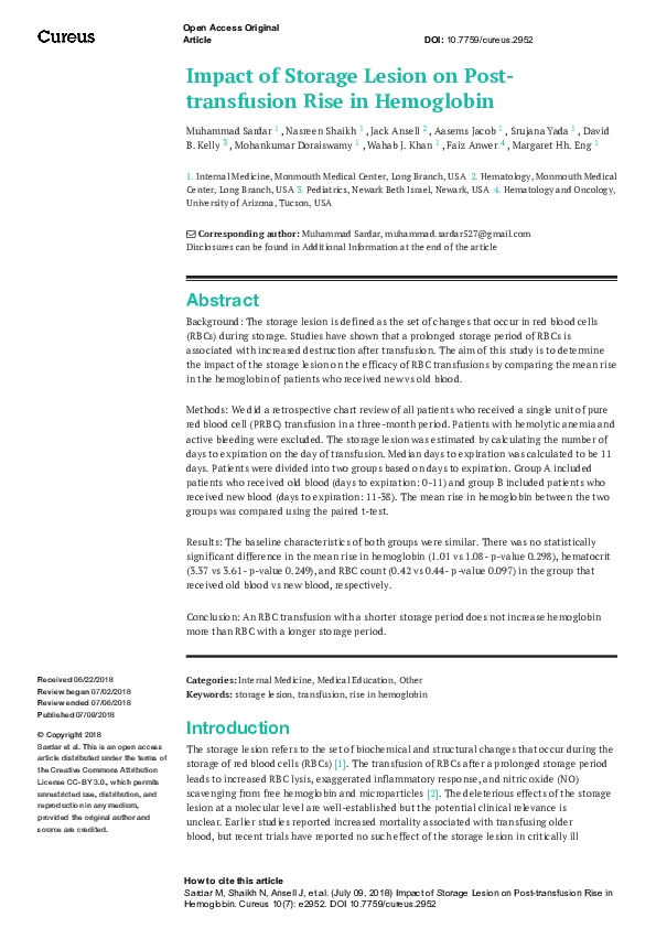 (PDF) Impact of Storage Lesion on Post-transfusion Rise in Hemoglobin