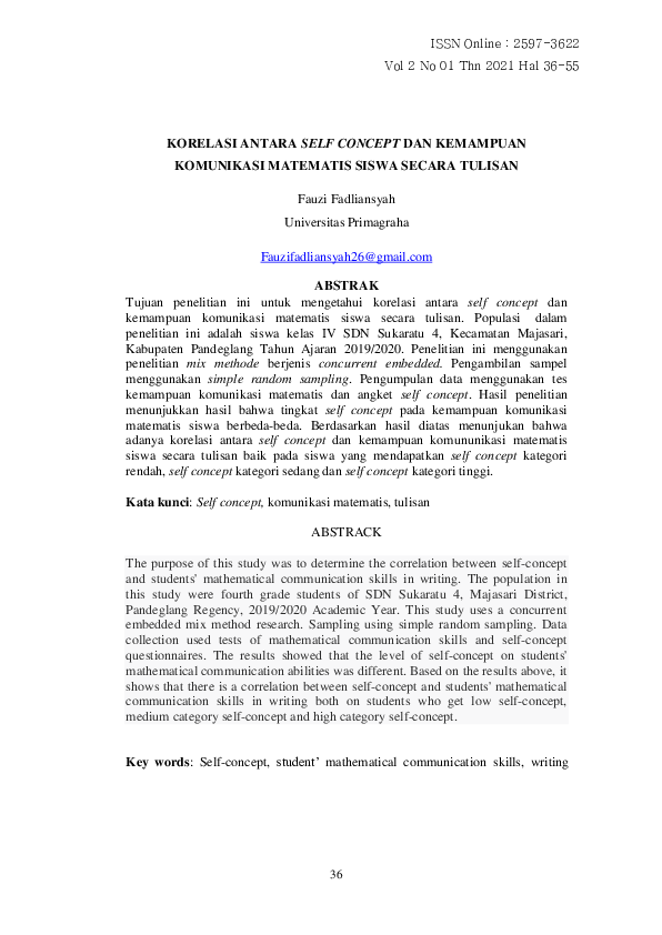 (PDF) Korelasi Antara Self Concept Dan Kemampuan Komunikasi Matematis Siswa Secara Tulisan