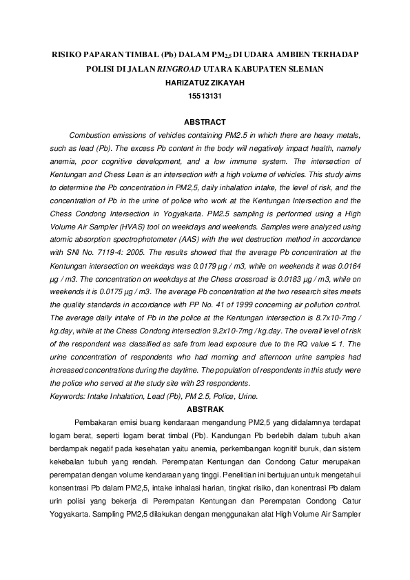 (PDF) RISIKO PAPARAN TIMBAL (Pb) DALAM PM2,5 DI UDARA AMBIEN TERHADAP ...