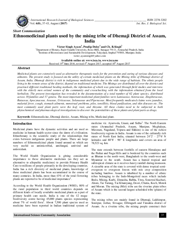 (PDF) Ethnomedicinal plants used by the mising tribe of Dhemaji District of