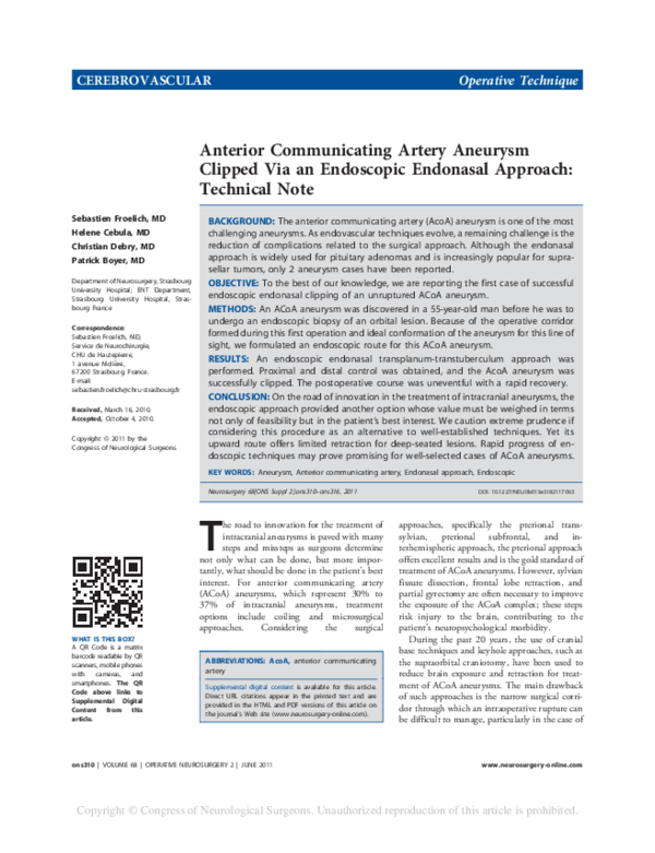 (PDF) Anterior Communicating Artery Aneurysm Clipped Via an Endoscopic ...