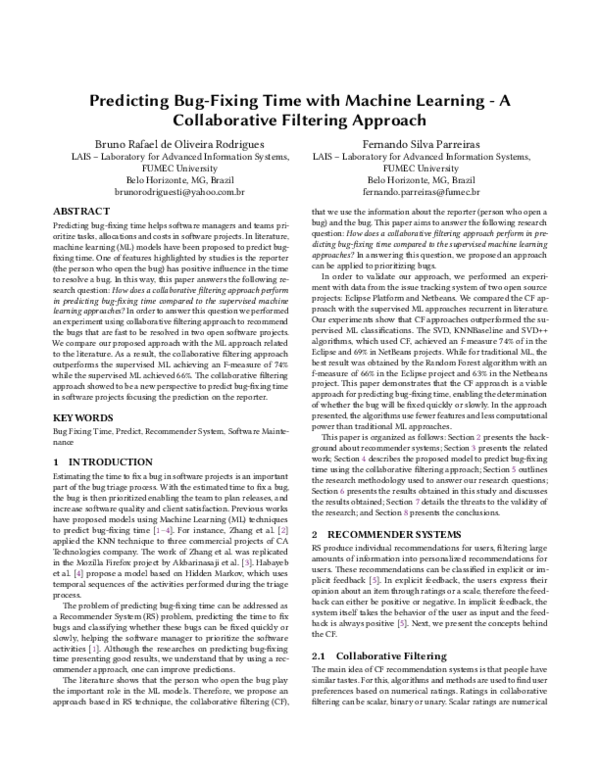 Pdf Predicting Bug Fixing Time With Machine Learning A Collaborative Filtering Approach 