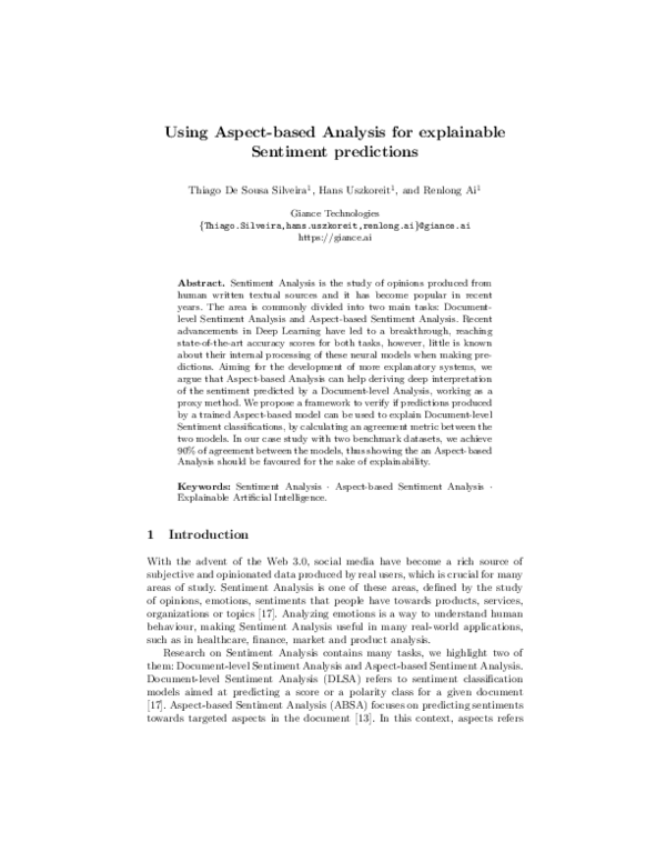 Pdf Using Aspect Based Analysis For Explainable Sentiment Predictions 7436