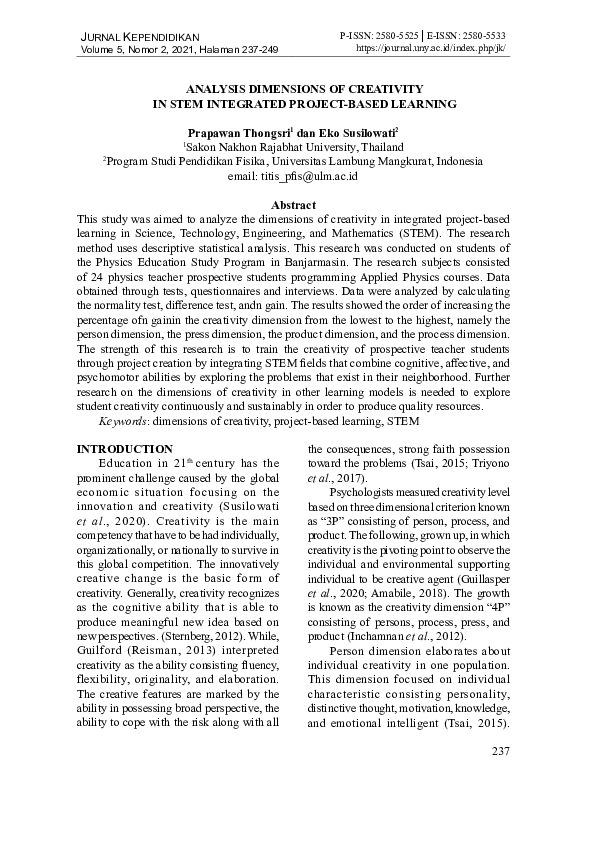 (PDF) Analysis Dimensions of Creativity in Stem Integrated Project ...