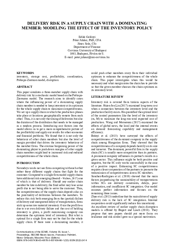 (PDF) Delivery Risk In A Supply Chain With A Dominating Member ...