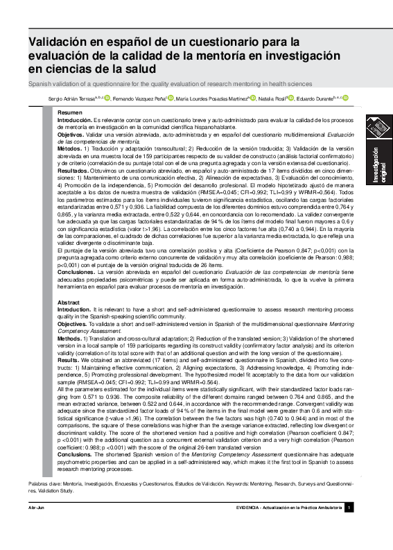 (PDF) Validación en español de un cuestionario para la evaluación de la calidad de la mentoría ...