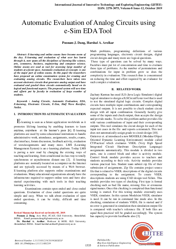 (PDF) Automatic Evaluation of Analog Circuits using e-Sim EDA Tool