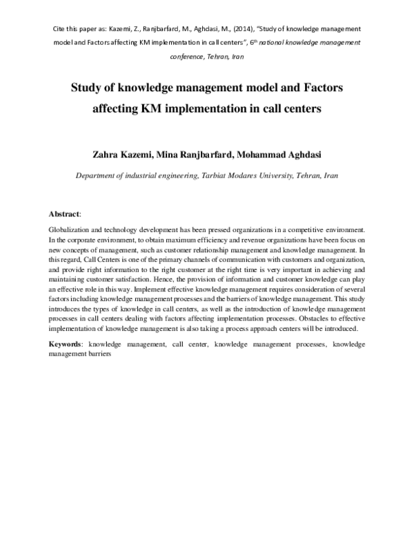 (PDF) Study of knowledge management model and Factors affecting KM implementation in call ...