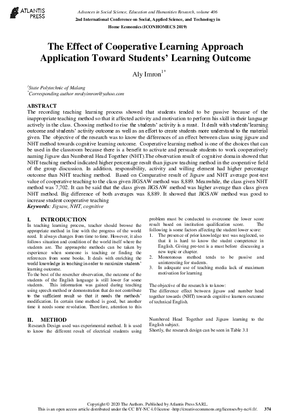 (PDF) The Effect of Cooperative Learning Approach Application Toward Students’ Learning Outcome