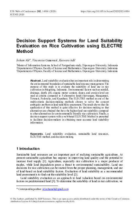 (PDF) Decision Support Systems for Land Suitability Evaluation on Rice Cultivation using ELECTRE ...