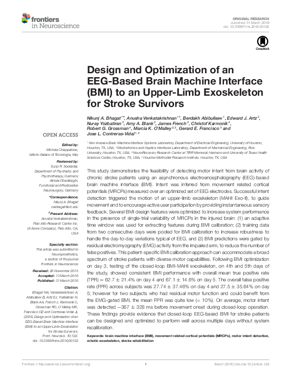 Pdf Design And Optimization Of An Eeg Based Brain Machine Interface