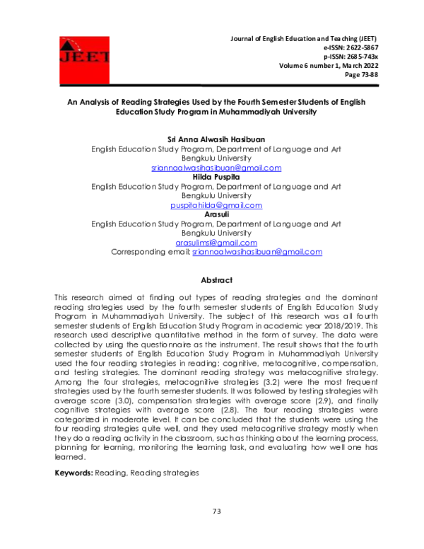 (PDF) An Analysis of Reading Strategies Used by The Fourth Semester Students of English ...