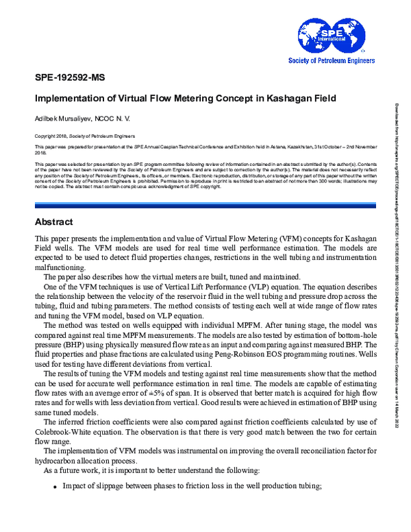 Pdf Implementation Of Virtual Flow Metering Concept In Kashagan Field