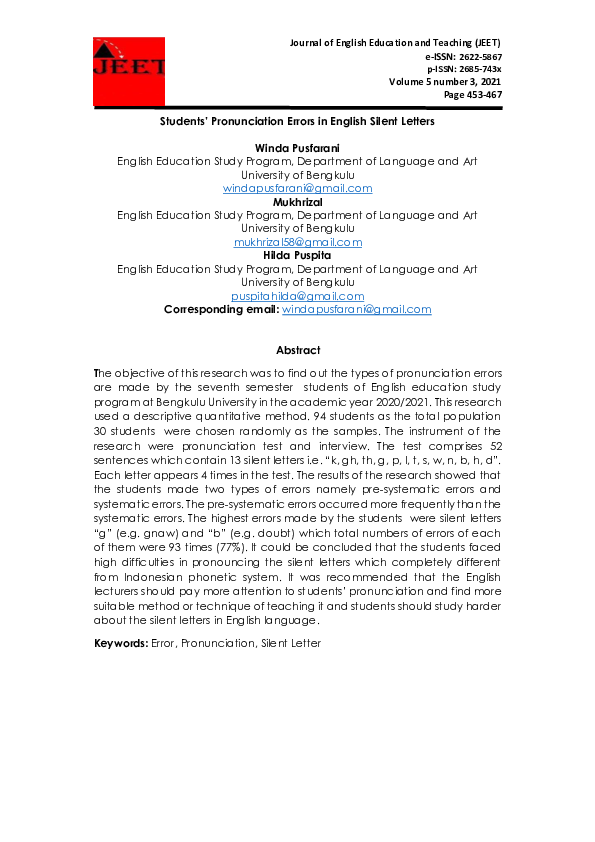(PDF) Students' Pronunciation Errors in English Silent Letters