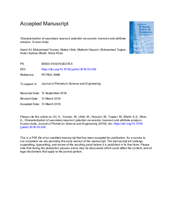 Pdf Characterization Of Secondary Reservoir Potential Via Seismic Inversion And Attribute