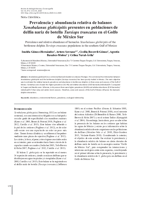 (PDF) Prevalencia y abundancia relativa de balanos Xenobalanus ...