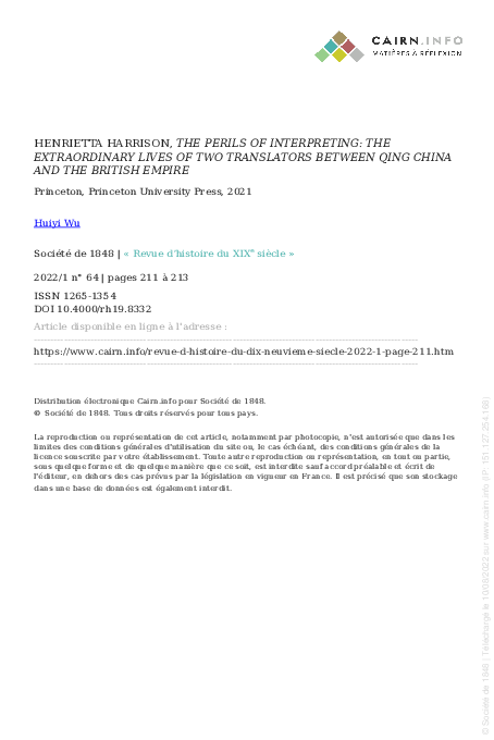 (PDF) Review of Henrietta HARRISON, The Perils of Interpreting: The ...