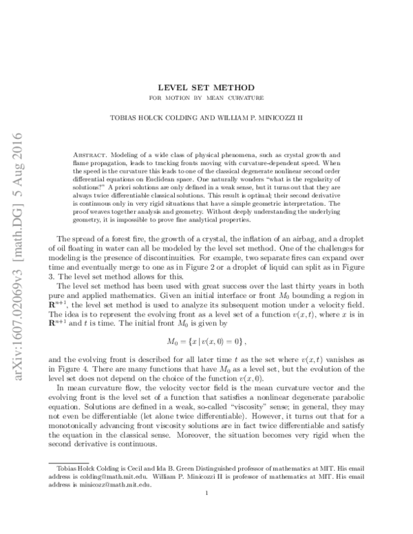 (PDF) Level Set Method for Motion by Mean Curvature