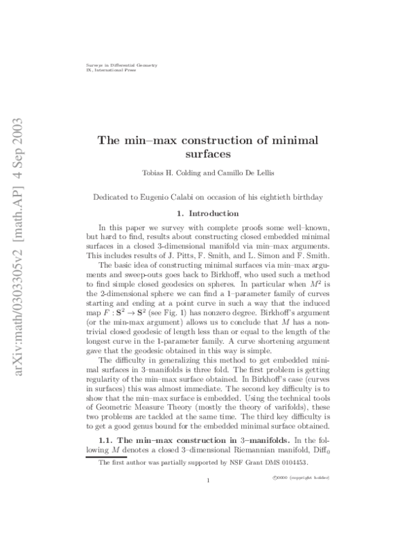 (PDF) The min-max construction of minimal surfaces