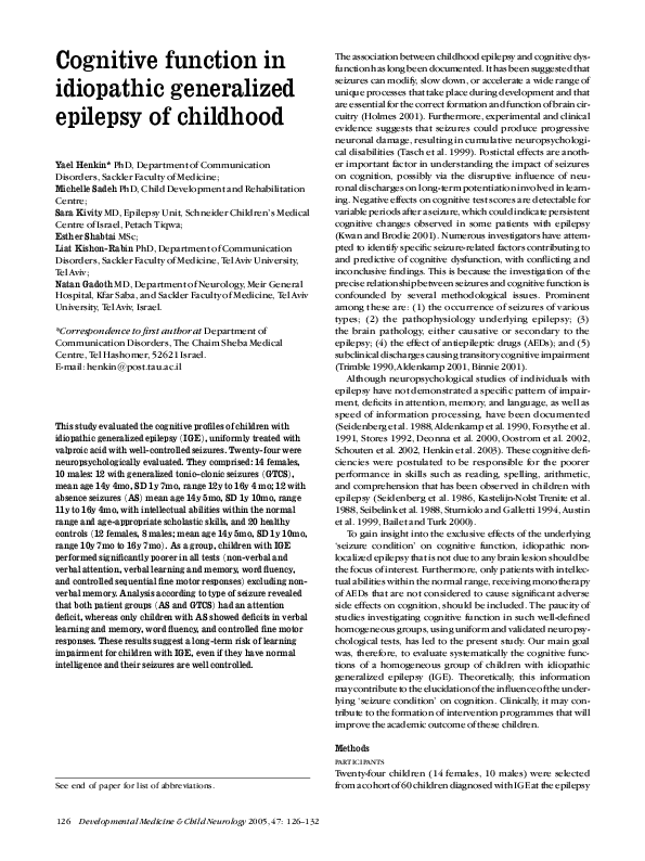 (PDF) Cognitive function in idiopathic generalized epilepsy of childhood
