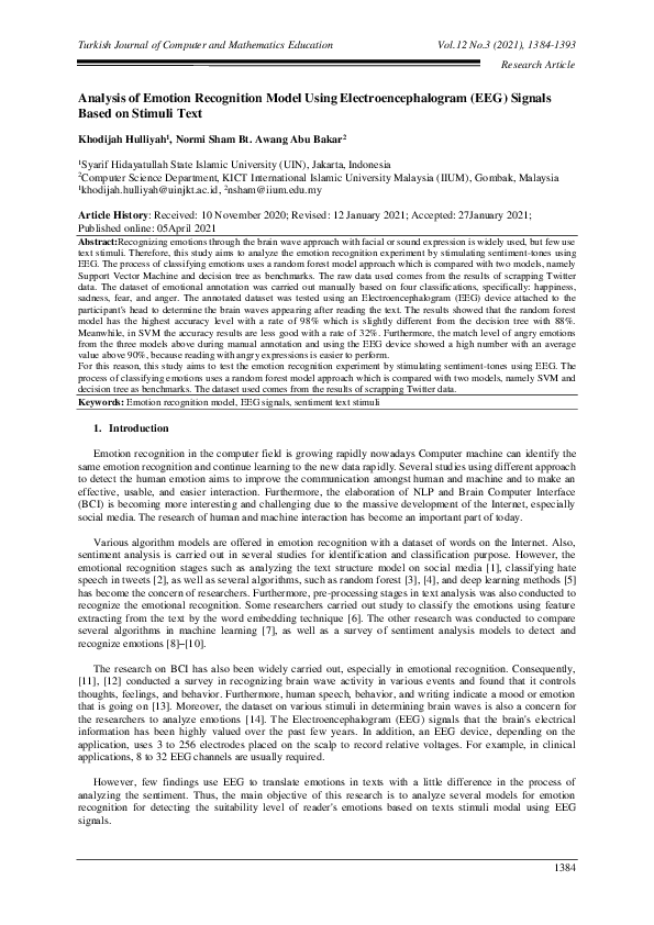 (PDF) Analysis of Emotion Recognition Model Using Electroencephalogram (EEG) Signals Based on ...