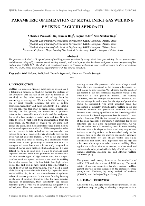 (PDF) Parametric Optimization of Metal Inert Gas Welding by Using Taguchi Approach