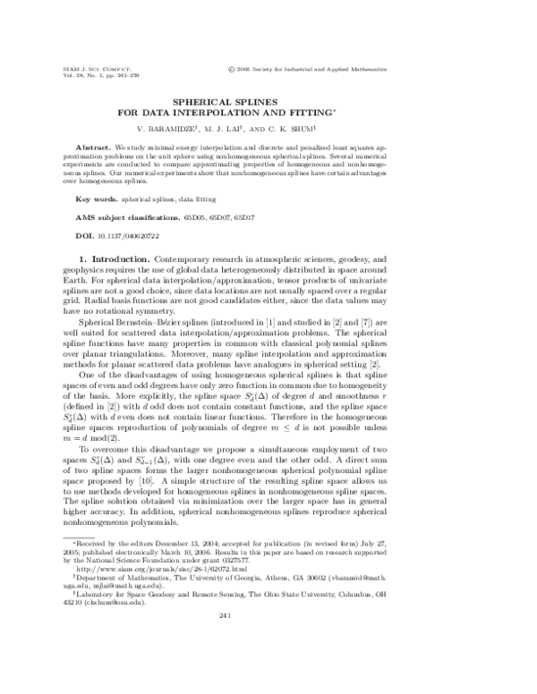 Pdf Spherical Splines For Data Interpolation And Fitting Victoria