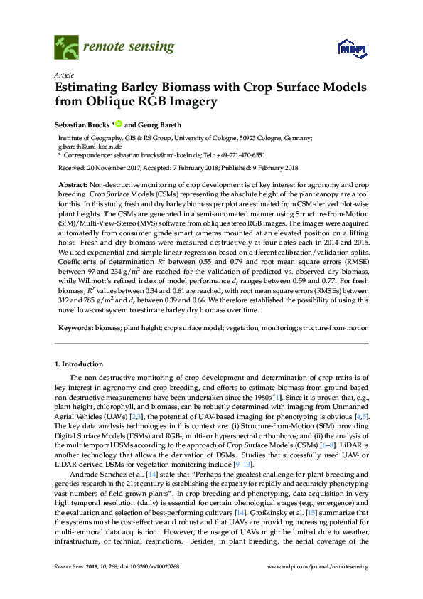 (PDF) Estimating Barley Biomass with Crop Surface Models from Oblique ...