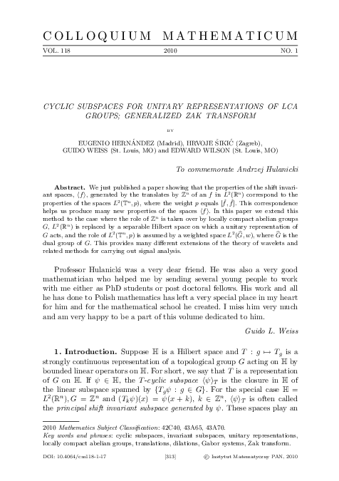 (PDF) Cyclic subspaces for unitary representations of LCA groups; generalized Zak transform