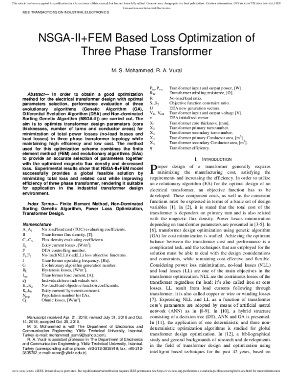 (PDF) NSGA-II+FEM Based Loss Optimization of Three-Phase Transformer