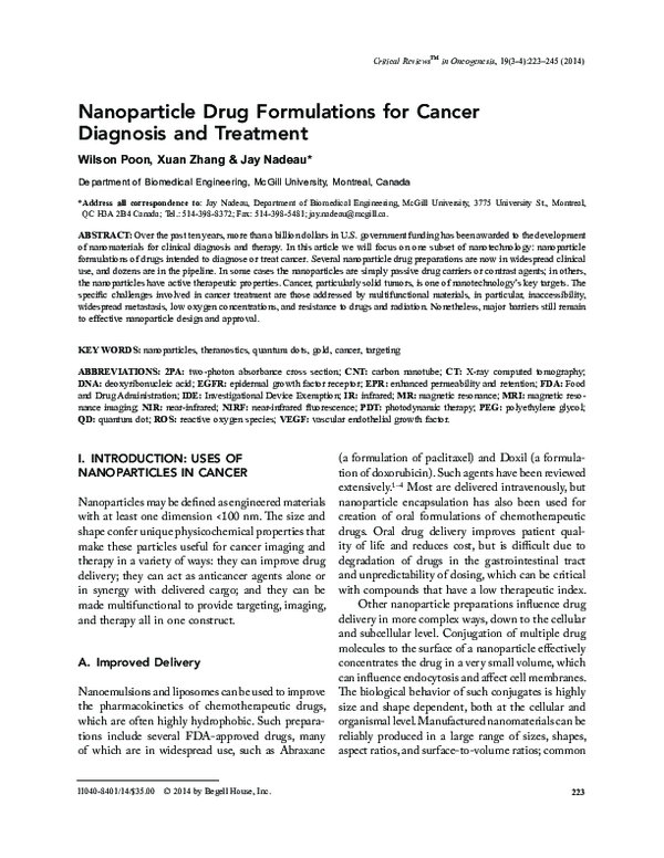 (PDF) Nanoparticle Drug Formulations for Cancer Diagnosis and Treatment