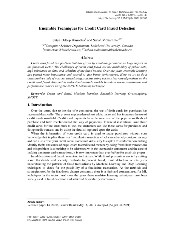 (PDF) Ensemble Techniques for Credit Card Fraud Detection