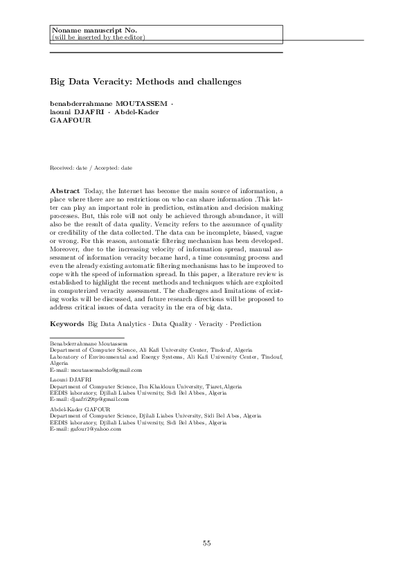 Pdf Big Data Veracity Methods And Challenges