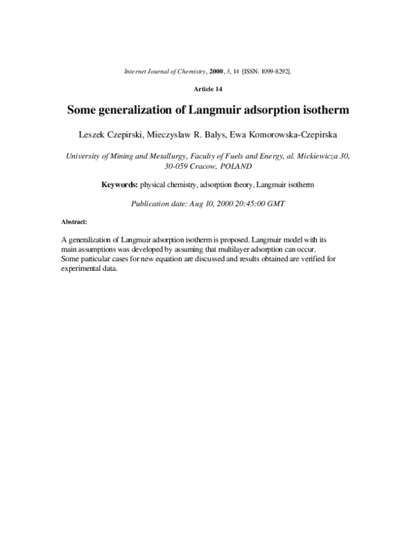 (PDF) Some generalization of Langmuir adsorption isotherm
