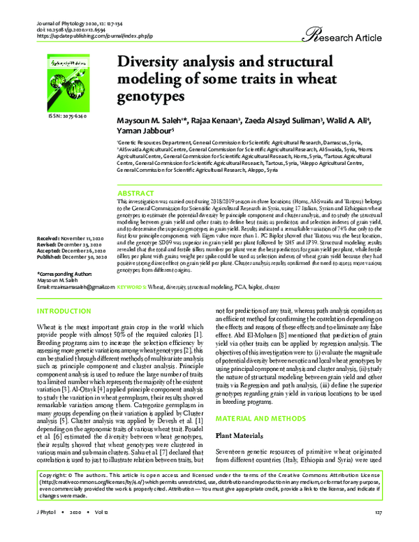 (PDF) Diversity analysis and structural modeling for some traits in wheat genotypes