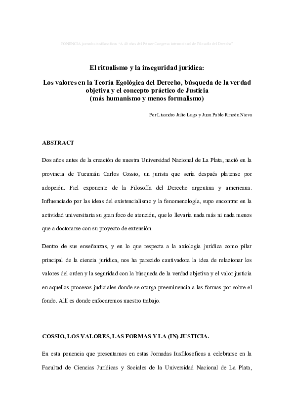 (DOC) El ritualismo y la inseguridad jurídica: Los valores en la Teoría Egológica del Derecho ...