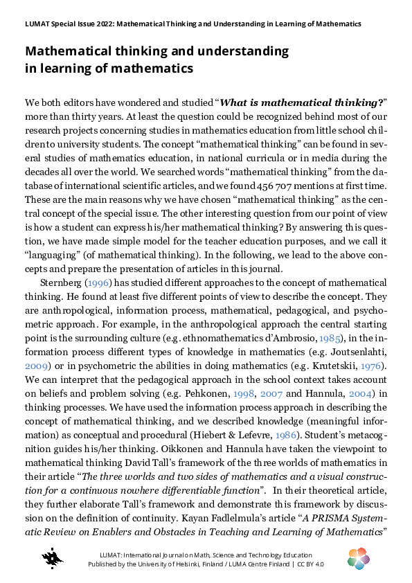 Pdf Mathematical Thinking And Understanding In Learning Of Mathematics