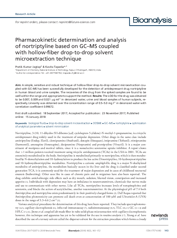 (PDF) Pharmacokinetic determination and analysis of nortriptyline based on GC-MS coupled with ...
