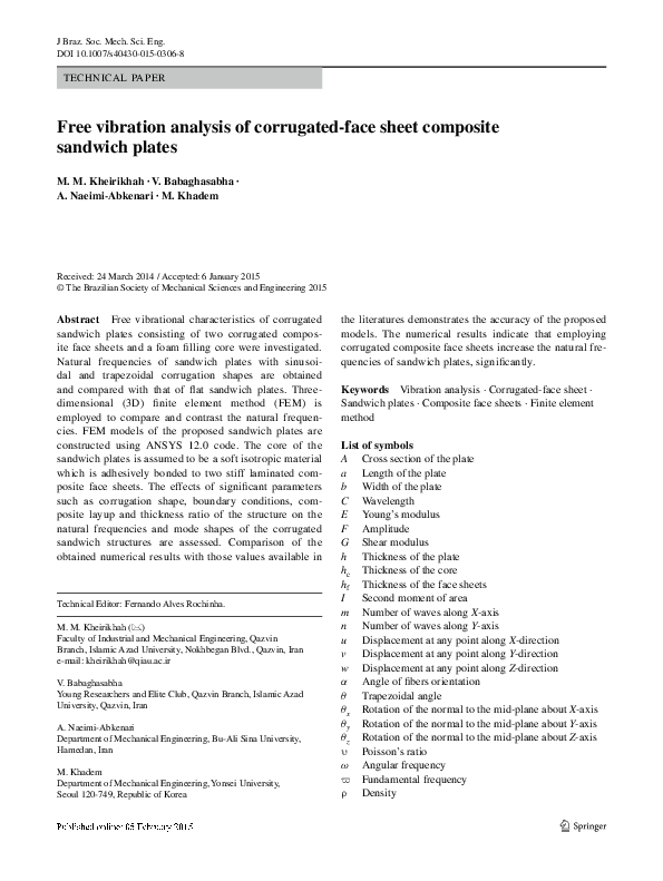 Pdf Free Vibration Analysis Of Corrugated Face Sheet Composite Sandwich Plates