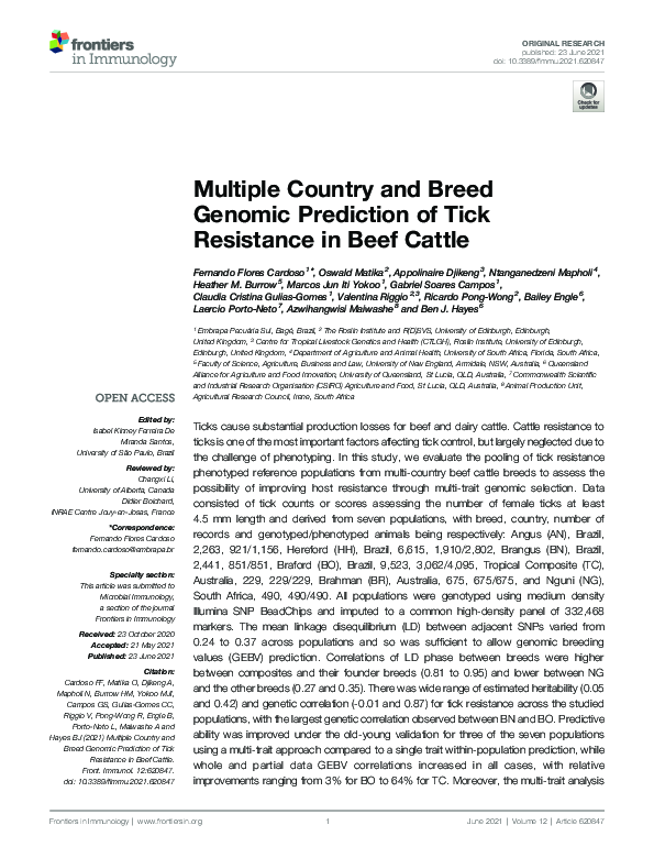 (PDF) Multiple Country and Breed Genomic Prediction of Tick Resistance ...