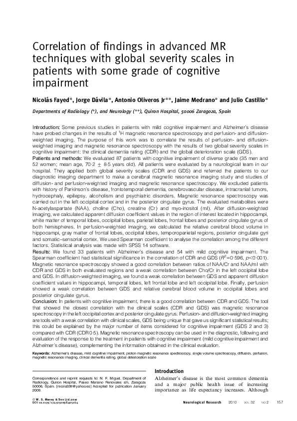 (PDF) Correlation of findings in advanced MR techniques with global ...