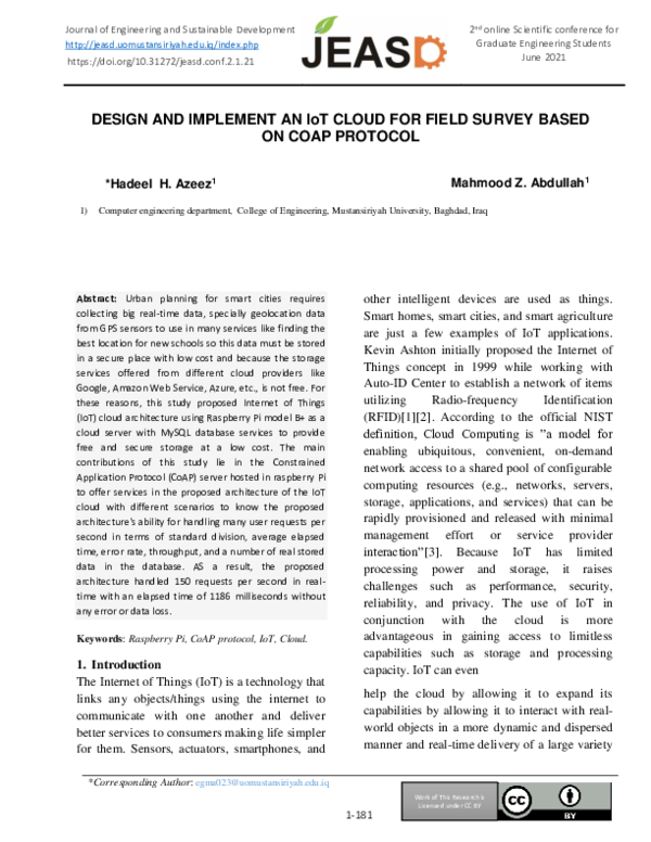 (PDF) DESIGN AND IMPLEMENT AN IoT CLOUD FOR FIELD SURVEY BASED ON COAP PROTOCOL