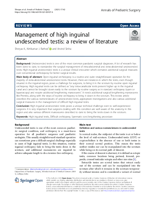 Pdf Management Of High Inguinal Undescended Testis A Review Of