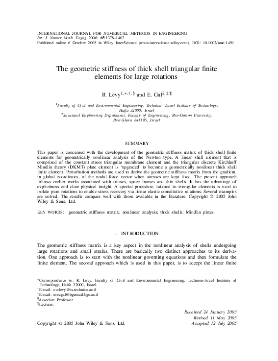 Pdf The Geometric Stiffness Of Thick Shell Triangular Finite Elements